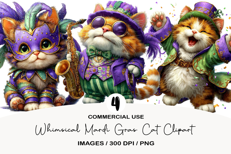 Whimsical Mardi Gras Cat Clipart