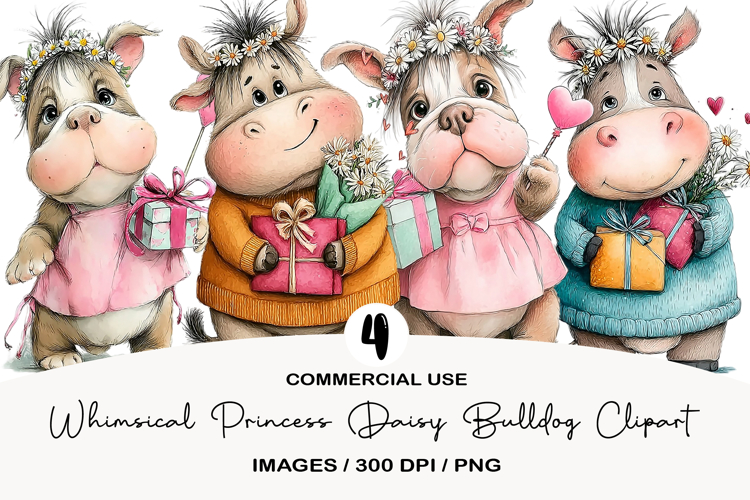 Whimsical Princess Daisy Bulldog Clipart