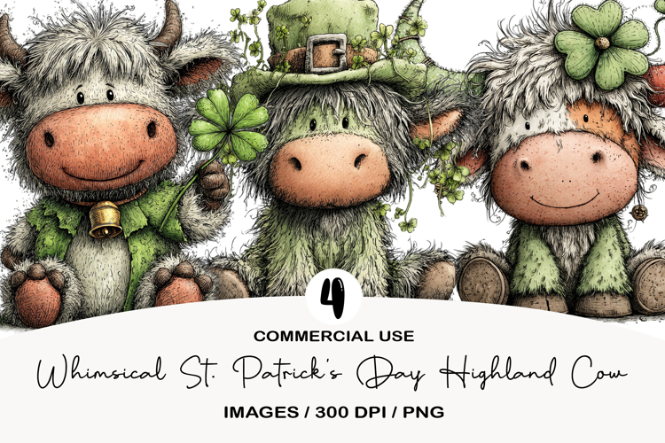 Whimsical St. Patrick’s Day Highland Cow Clipart
