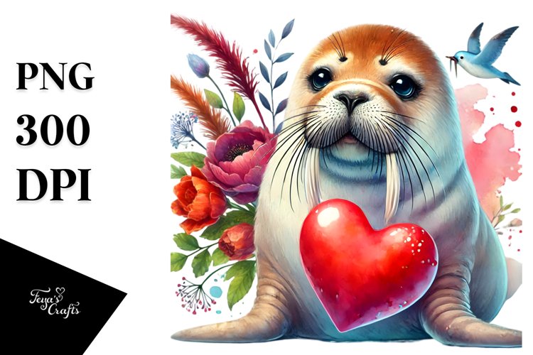 Adorned Baby Walrus Holding Heart PNG