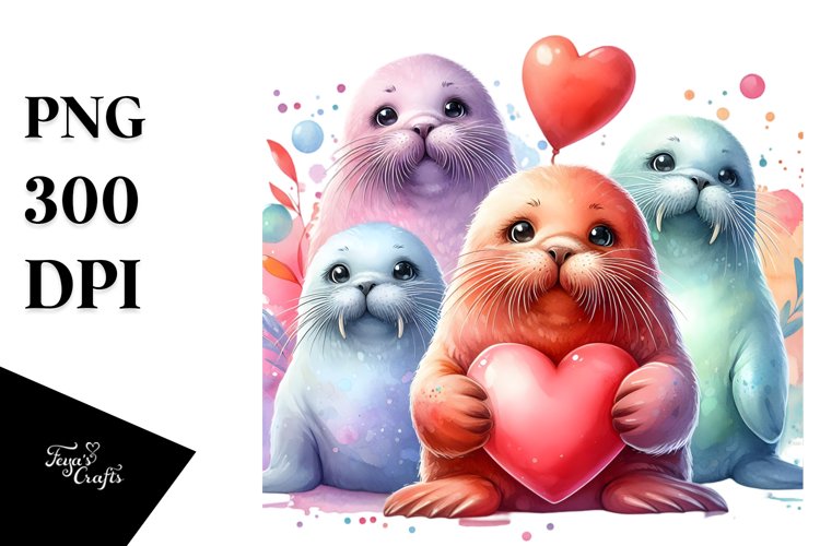 Adorned Baby Walrus Holding Heart PNG