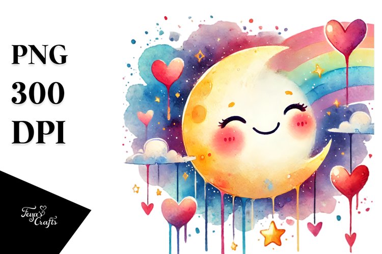 Smiling Half Moon with Hearts PNG