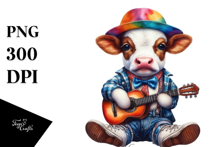 Colorful Watercolor Baby Cow Musician's Outfit PNG