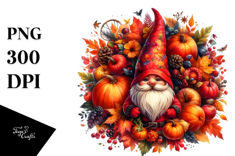 Vibrant Watercolor Autumn Gnome PNG