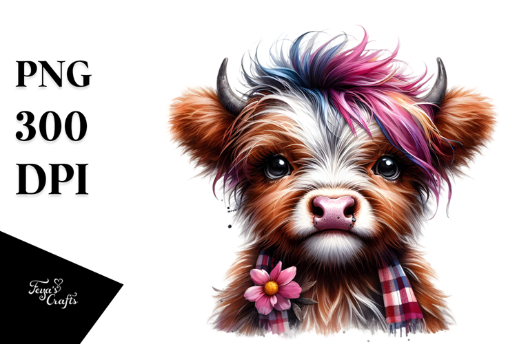 Angry Baby Highland Cow with Cool Hair PNG