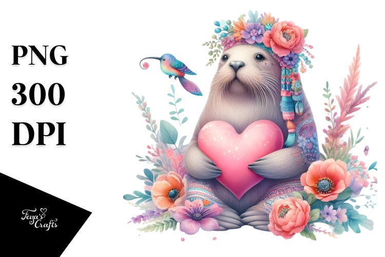 Boho Walrus Holding Heart, PNG