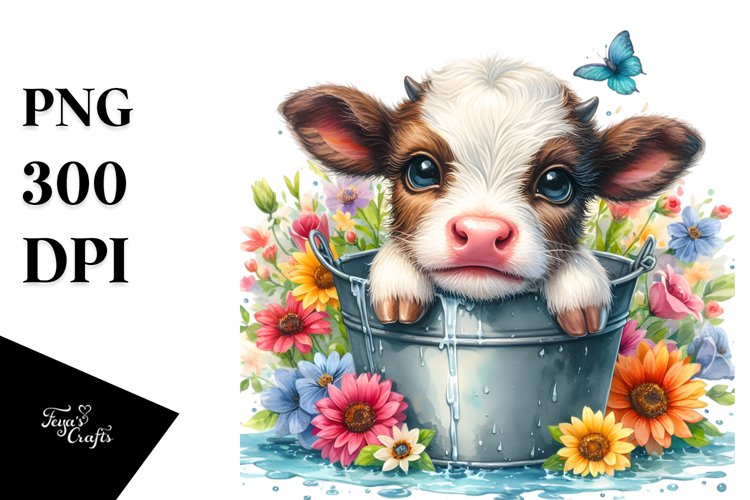 Cute Baby Cow Cub in Watery Bucket | Sublimation | Clipart
