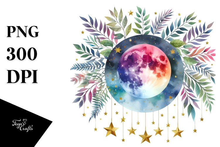 Vibrant Watercolor Boho Moon | Sublimation | Clipart