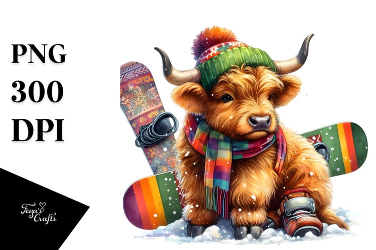 Colorful Highland Cow Snowboard PNG