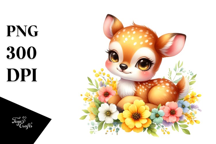 Colorful Baby Deer Cuddling with Flowers | Sublimation