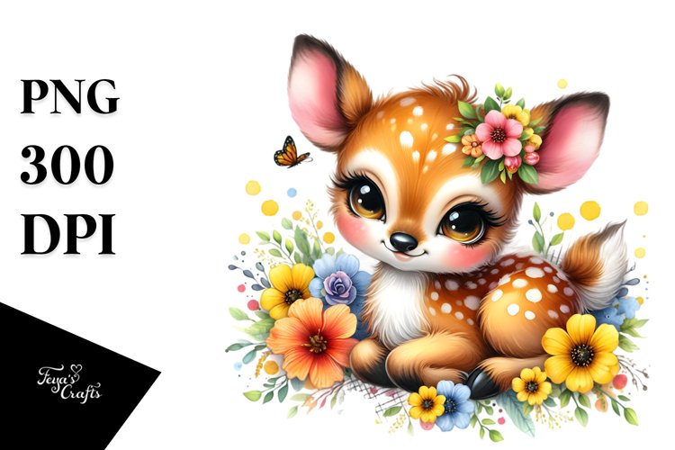 Colorful Baby Deer Cuddling with Flowers | Sublimation