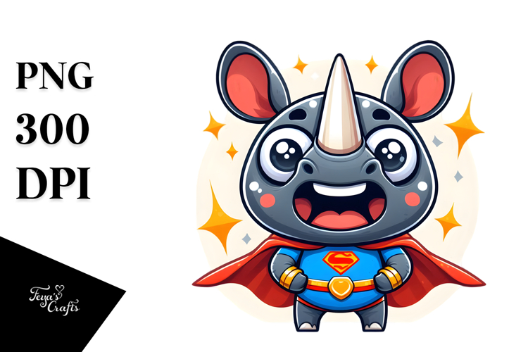 Goofy Cartoon Rhino with Superhero Cape PNG