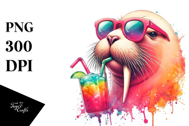Colorful Walrus Drink Straw Watercolor Clipart