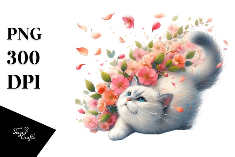 Tumbling Cat with Spring Petals in Pastel Watercolor