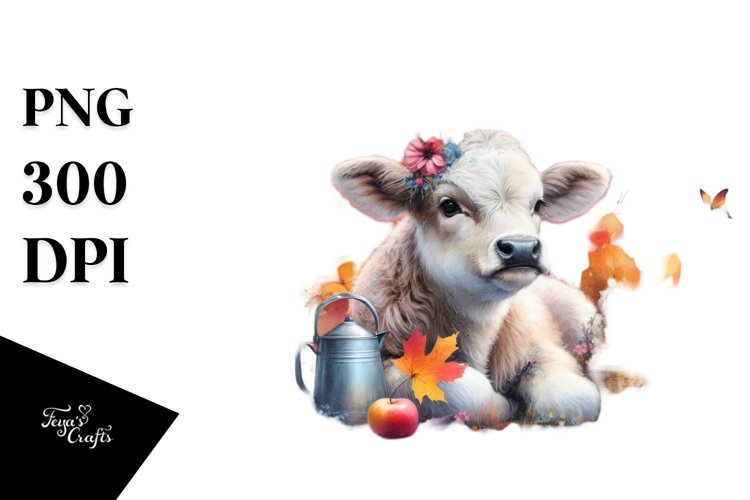 Colorful Baby Cow with Autumn Scene PNG
