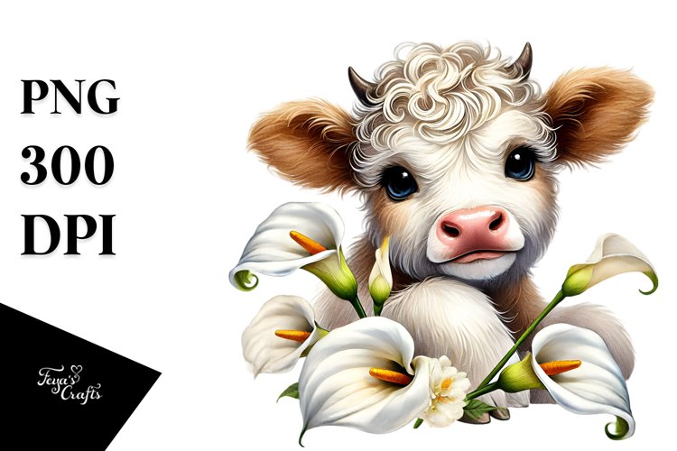Baby Highland Cow with Calla Lily PNG