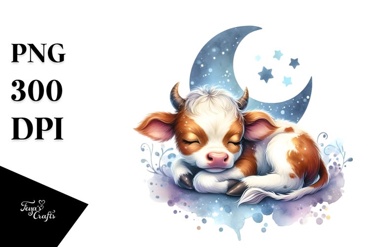 Colorful Small Baby Cow Sleeping Moon Whimsical Clipart