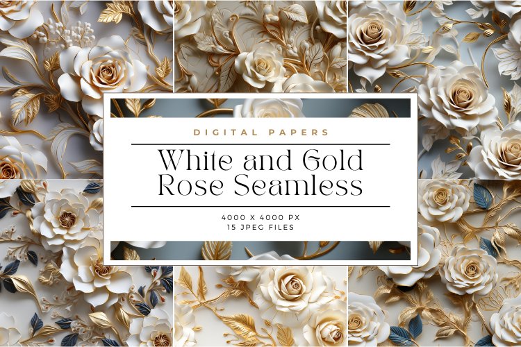 15 3D White and Gold Rose Seamless Pattern Background