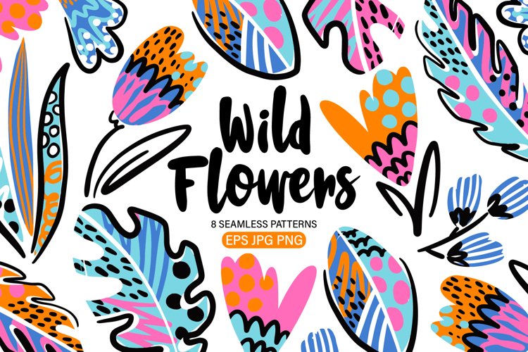 Wild flower. Set of 8 seamless patterns. EPS JPG PNG