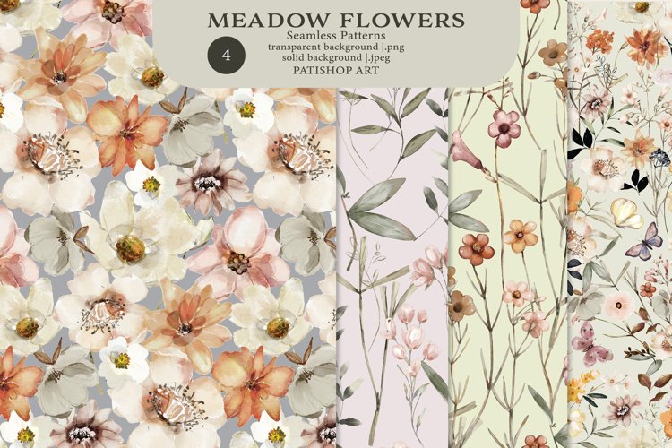 Meadow Flowers Watercolor Digital Seamless Pattern Set