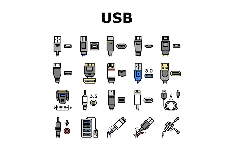 Usb Cable And Port Purchases Icons Set Vector (2231657)