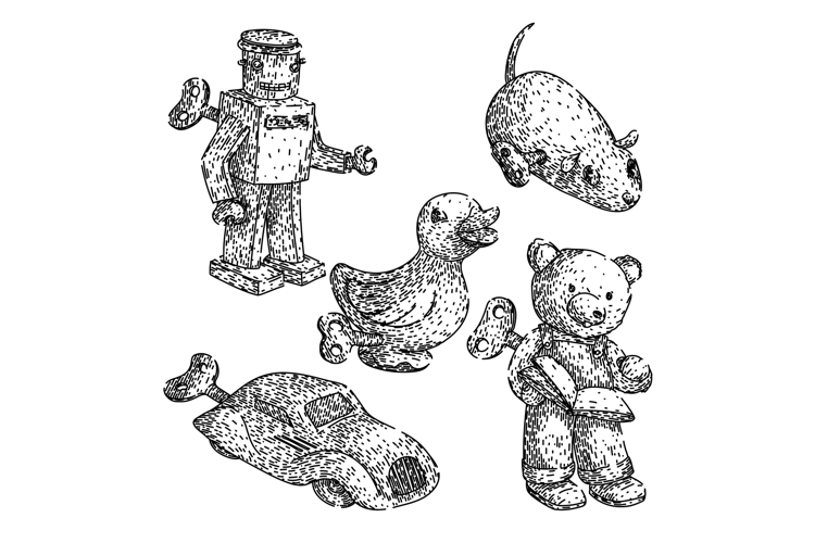 wind up toy set sketch hand drawn (6570881)