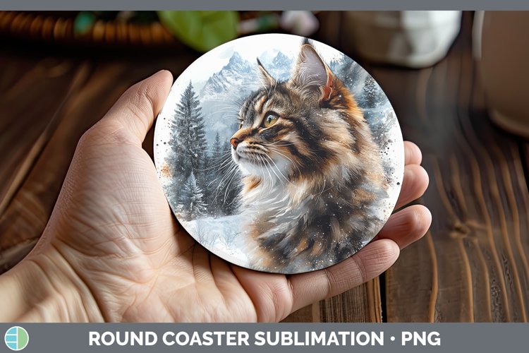 Winter Cats Maine Coon Cat Round Coaster Sublimation Coaster