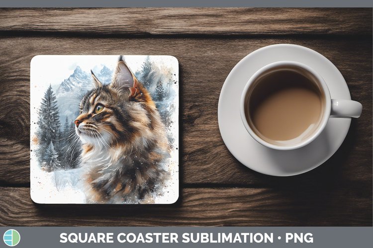 Winter Cats Maine Coon Cat Square Coaster Sublimation Coaste