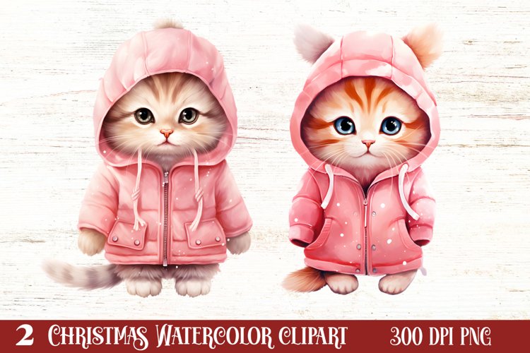 Pink Cat Clipart, Pink Cat Clipart Bundle, Pink Cat Watercol