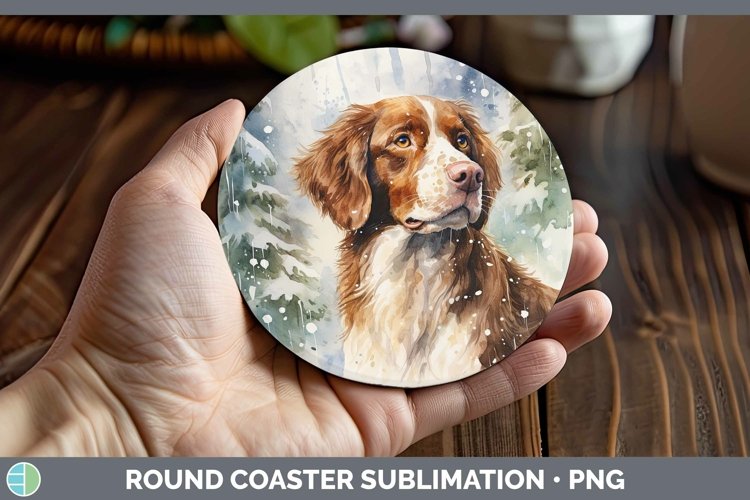Winter Dogs Brittany Dog Round Coaster Sublimation Coaster D