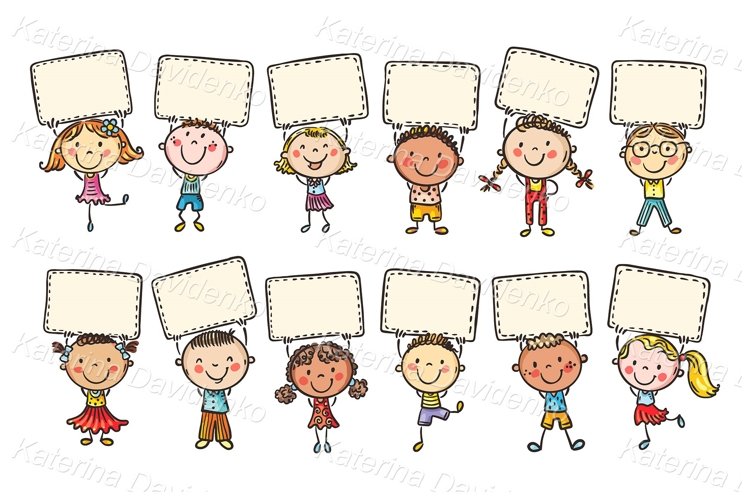 Happy childrens holding blank signs, banners or blank paper