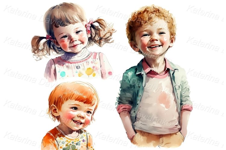 Watercolor portraits of little smiling kids, girls and boy