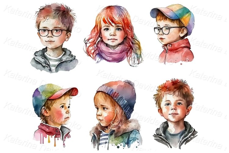 Watercolor portraits of kids, children faces, boys and girls
