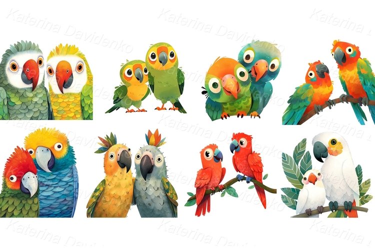 Watercolor PNG clipart set of funny cartoon parrots