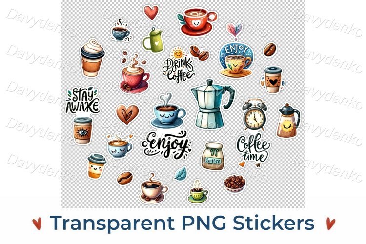 Coffee time sticker set. Cartoon watercolor stickers