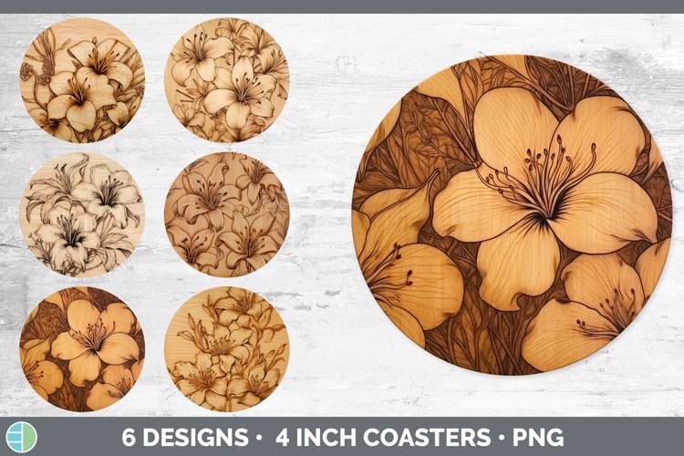 Wood Burned Azalea Flowers Round Coaster | Sublimation Coast
