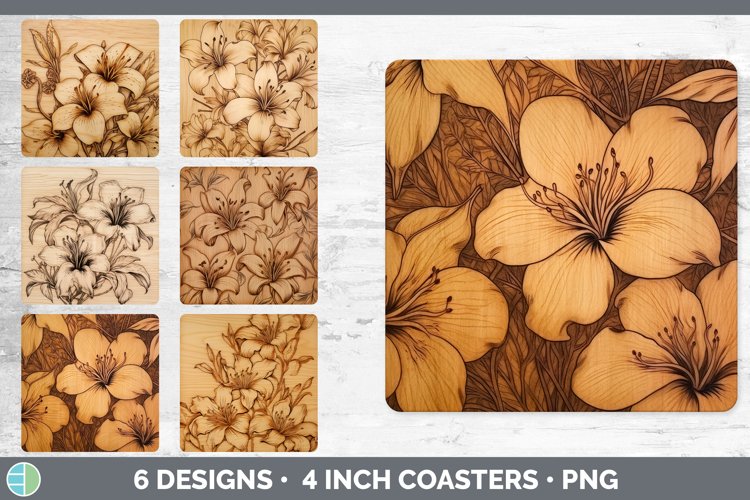 Wood Burned Azalea Flowers Square Coaster | Sublimation Coas