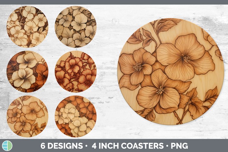 Wood Burned Begonia Flowers Round Coaster | Sublimation Coas