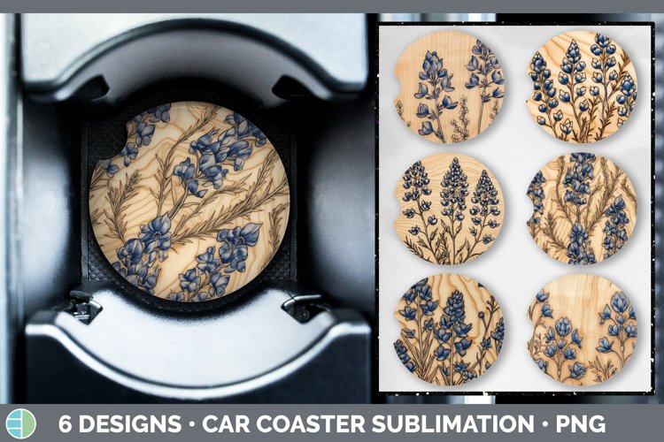 Wood Burned Bluebonnet Flowers Car Coaster | Sublimation Coa