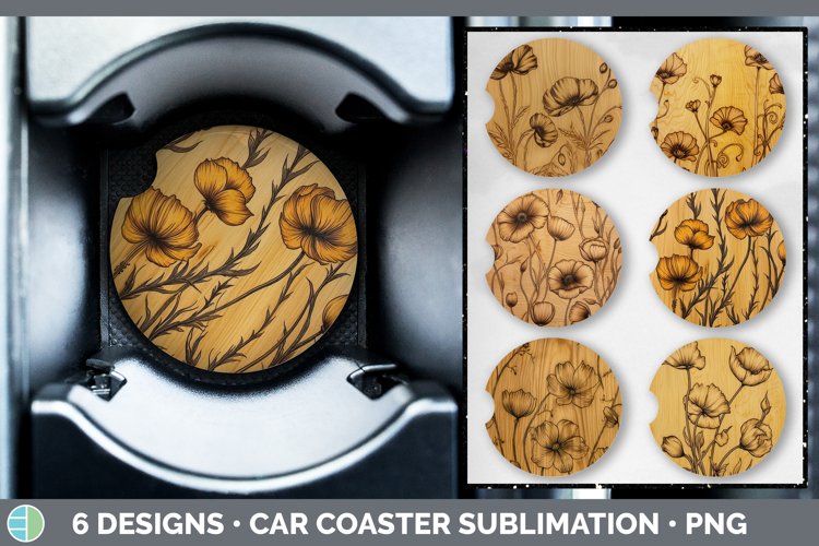 Wood Burned Buttercup Flowers Car Coaster | Sublimation Coas