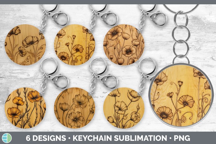 Wood Burned Buttercup Flowers Keychain | Sublimation Keyring