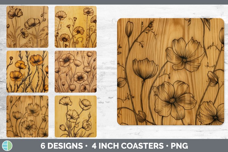Wood Burned Buttercup Flowers Square Coaster | Sublimation C