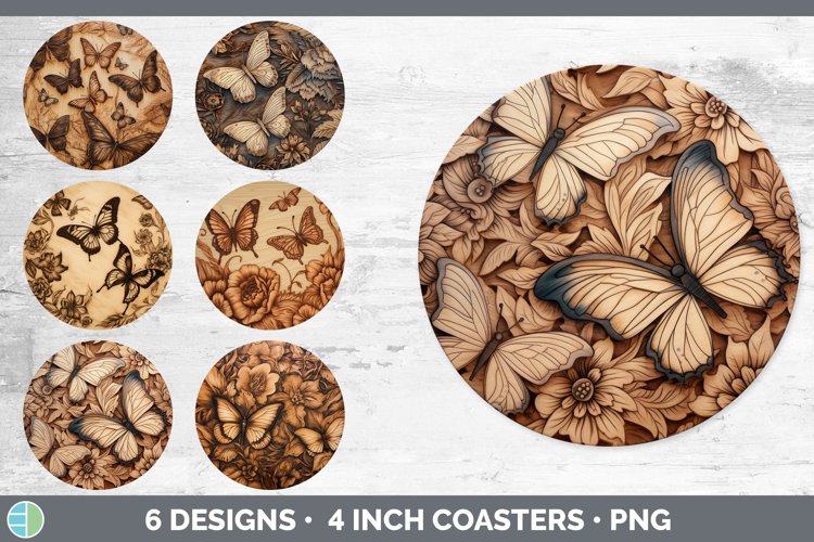 Wood Burned Butterflies Round Coaster | Sublimation Coaster