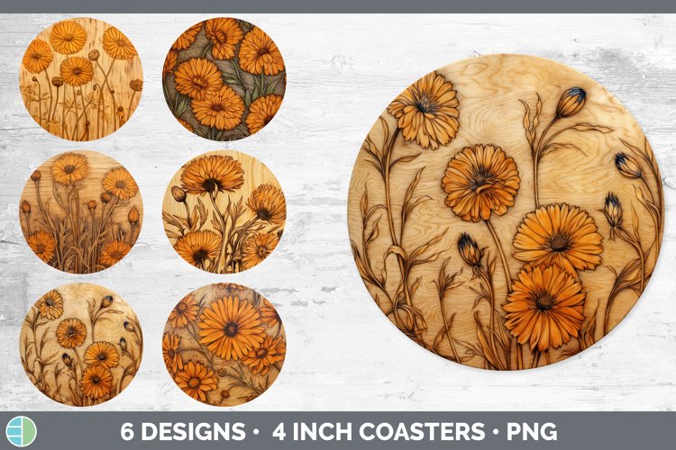 Wood Burned Calendula Flowers Round Coaster | Sublimation Co
