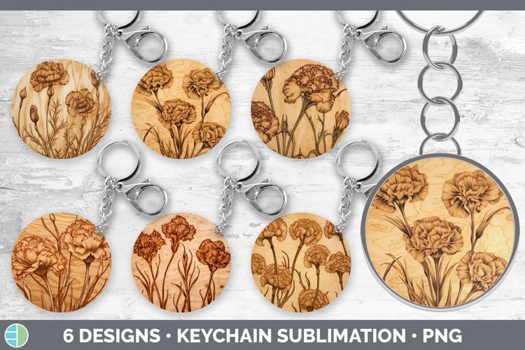 Wood Burned Carnation Flowers Keychain | Sublimation Keyring