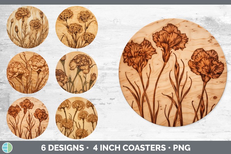 Wood Burned Carnation Flowers Round Coaster | Sublimation Co