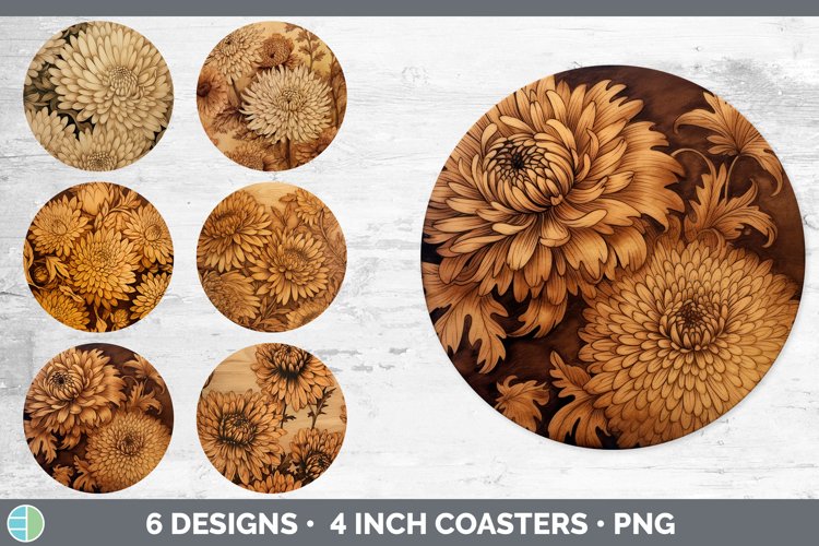 Wood Burned Chrysanthemum Flowers Round Coaster | Sublimatio