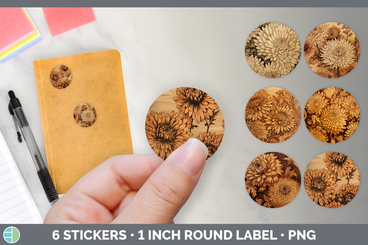 Wood Burned Chrysanthemum Flowers Stickers | Round Labels De
