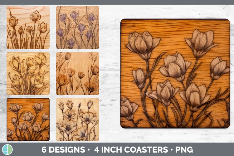 Wood Burned Crocus Flowers Square Coaster | Sublimation Coas