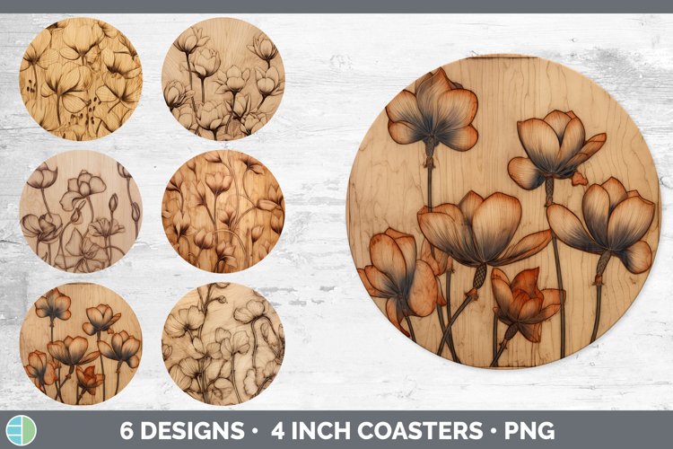 Wood Burned Cyclamen Flowers Round Coaster | Sublimation Coa